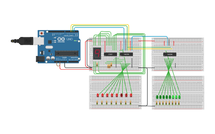 Circuit design 7-bit decoder and Shift register - Tinkercad