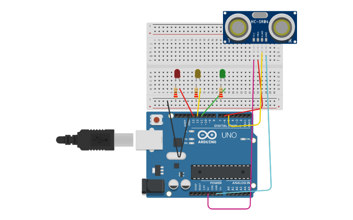 Circuit design Práctica 6.c Sensor de ultrasonidos con 3 leds ...