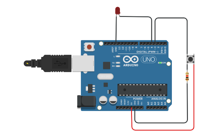 Circuit design LED through push button - Tinkercad Circuit design LED through push button - Tinkercad