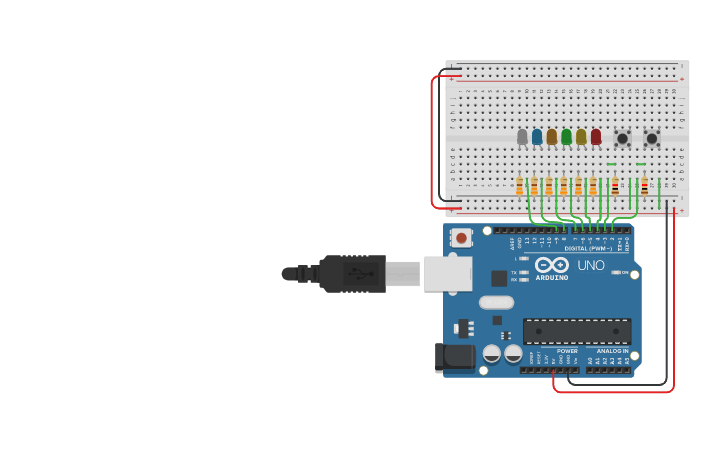 Circuit design 5 - leds y botones IV: switch-case - Tinkercad