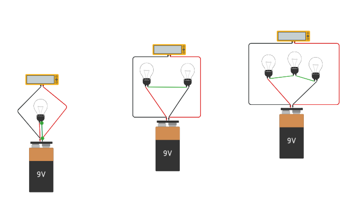 Circuit design Amperimetro bombillas en serie | Tinkercad