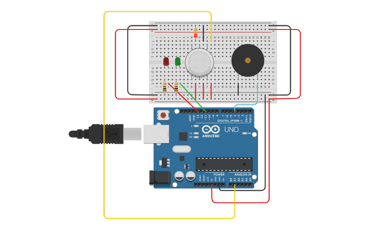 Circuit design Gas Leakage Sensor using gas sensor and aurdino - Tinkercad