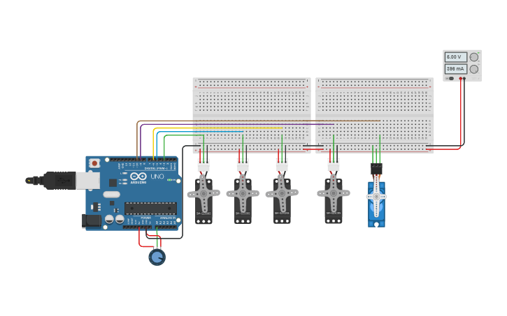 Circuit design Ejercicio en clase servos - Tinkercad
