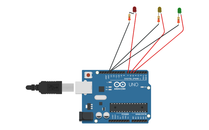 Circuit design 3 Leds - Tinkercad