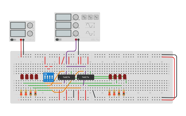 Circuit design Registro Entrada y Salida en Paralelo - Tinkercad