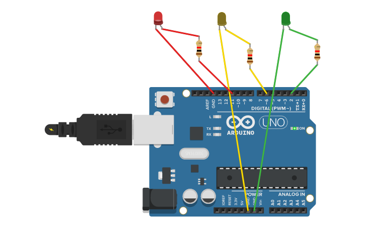 Circuit design Simulación Arduino Semaforo - Tinkercad Circuit design Simulación Arduino Semaforo - Tinkercad