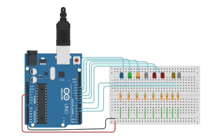 Circuit design secuencia de luces | Tinkercad