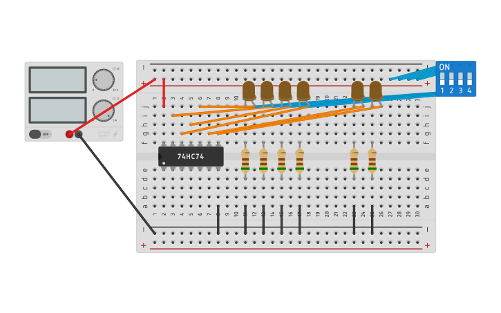 Circuit design Experimento VIII - Circuito CD74HC74 | Tinkercad