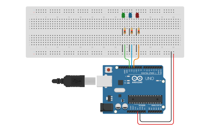 Circuit design Lampeggio di 3 led con arduino Ruben Cassanelli | Tinkercad