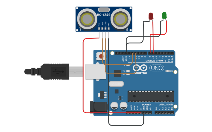 Circuit Design Ultrasonic Sensor With Led Tinkercad