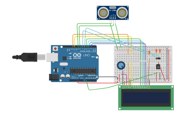 Circuit design Temperatura y Distancia - Tinkercad