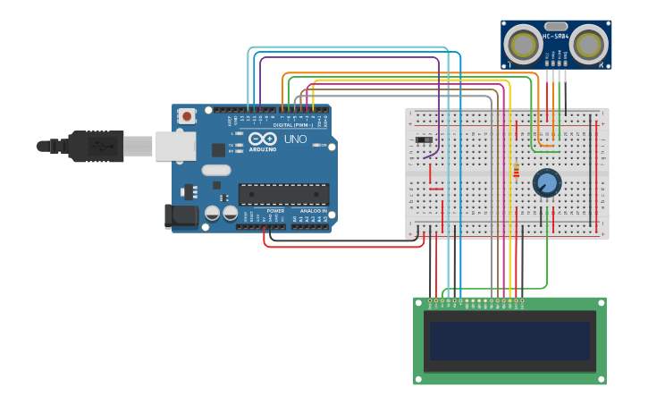 Circuit design ultrasonic sensor on lcd screen - Tinkercad