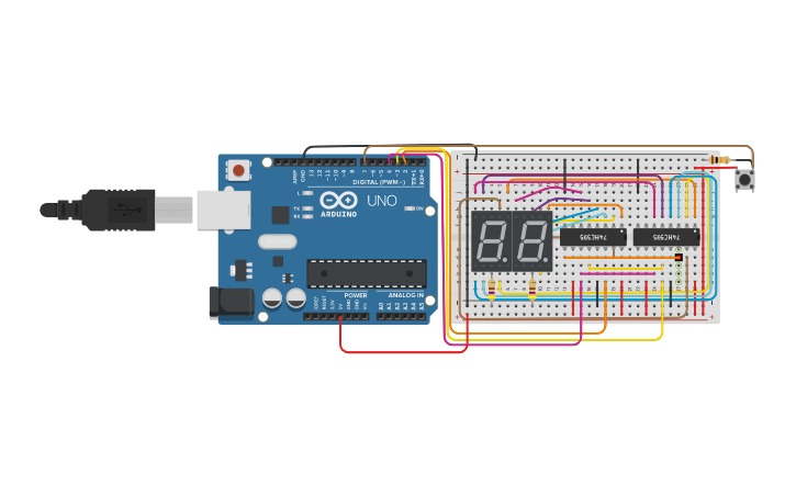 Circuit design Double Dice 7 seg. Display w. arduino - Tinkercad