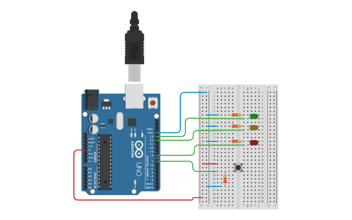 Circuit design semaforo con boton | Tinkercad Circuit design semaforo con boton | Tinkercad