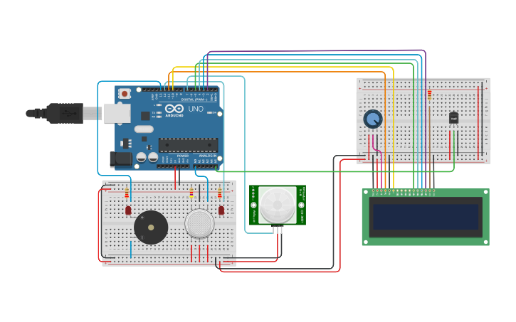 Circuit design Sensores de Humo, Movimiento y Temperatura - Tinkercad