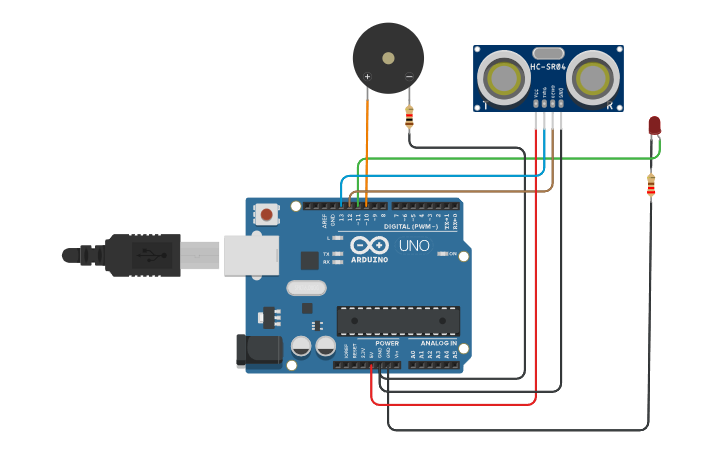 Circuit Design Buzzer And Ultrasonic Sensor Tinkercad