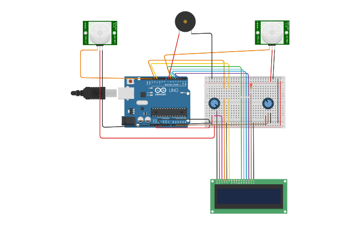 Circuit design Alarma con sensores PIR | Tinkercad