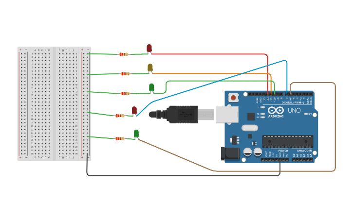 Circuit design Semaforo con leds, arduino. | Tinkercad