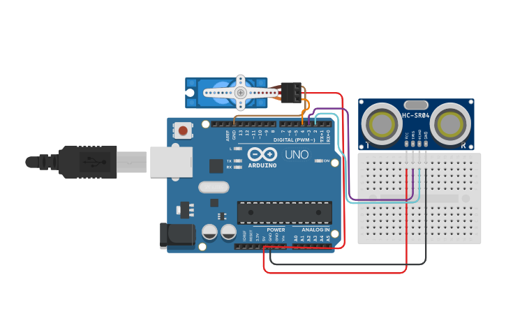 Circuit Design Move Servo Motor Using Ultrasonic Sensor Tinkercad