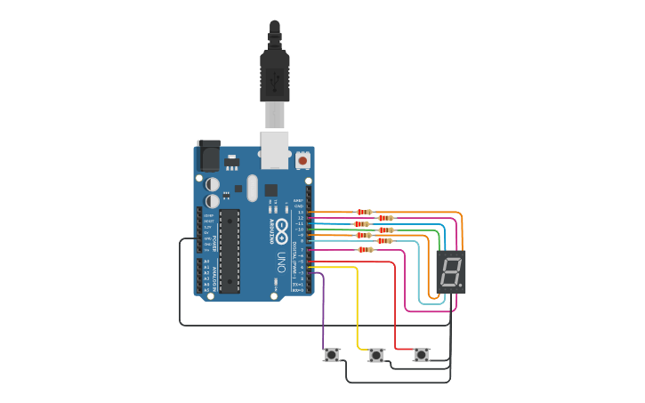 Circuit design Contador de un digito con tres pulsadores - Tinkercad