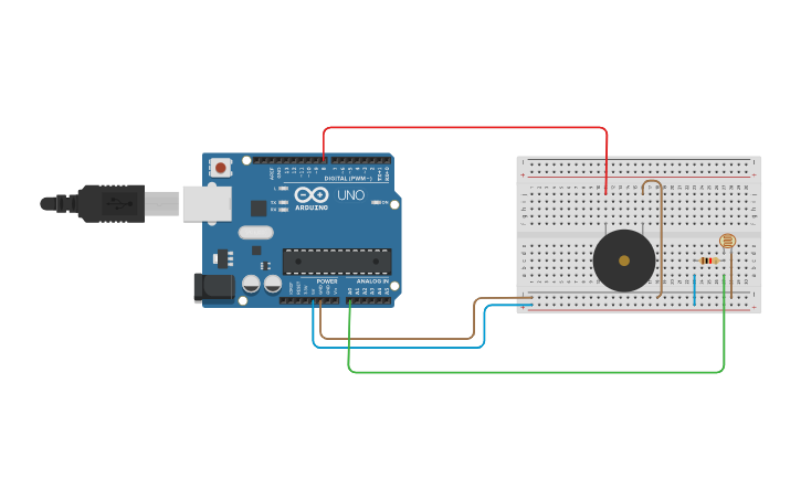 Circuit design Deney 8 - LDR Sensör ile Sesli İkaz - Tinkercad