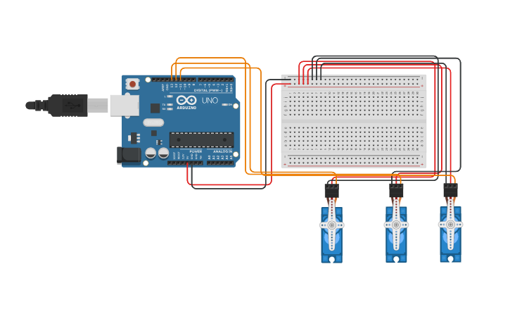 Circuit design 3 servos demo - Tinkercad