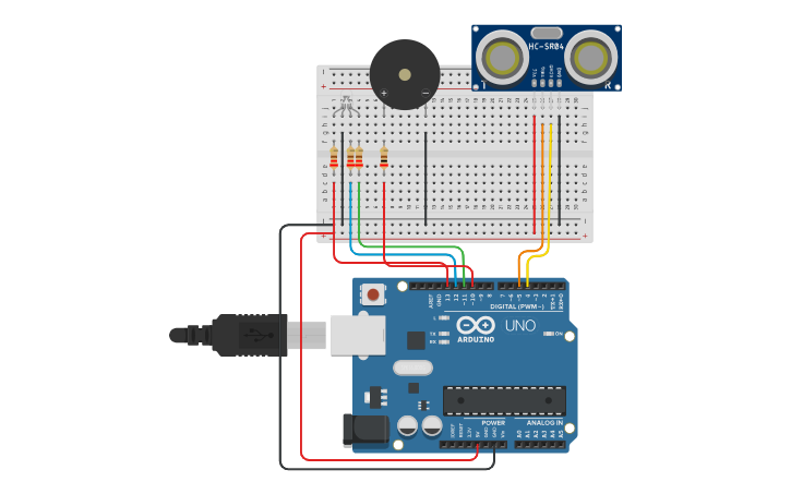Circuit design SENSOR ULTRASSONICO COM LED RGB, BUZZER | Tinkercad
