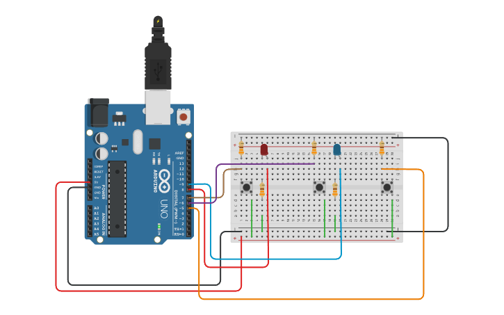 Circuit design 3 BUTON İLE LED YAKMA | Tinkercad