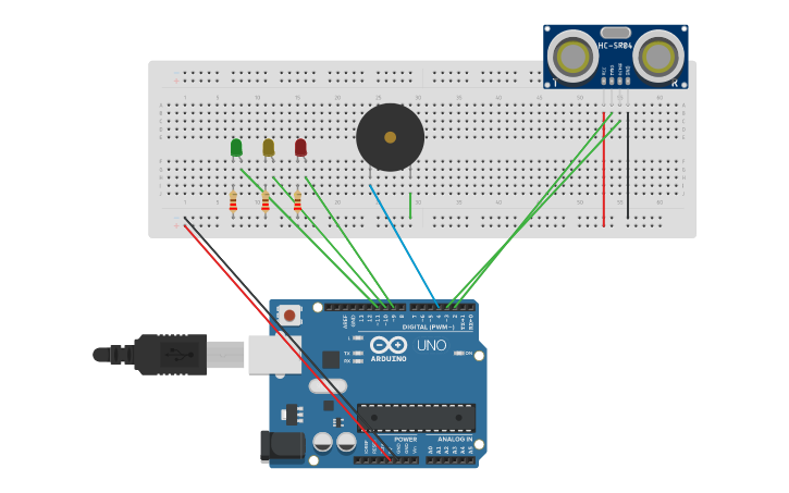 Circuit design ultrasonic security system - Tinkercad