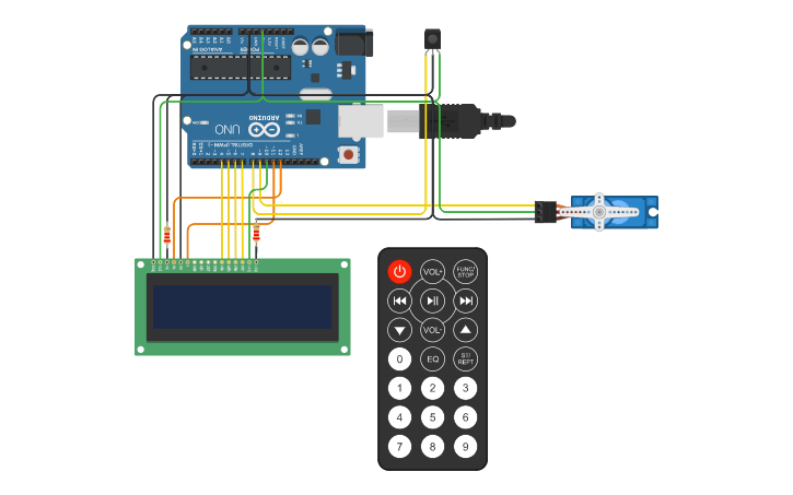 Circuit design Servo and Display Control with IR Remote - Tinkercad