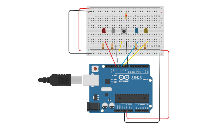 Circuit design luces led con pulsador andres | Tinkercad