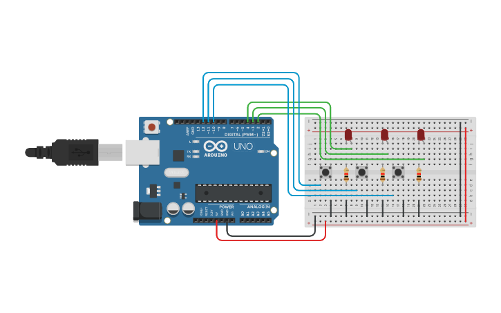 Circuit design Arduino Leds Buttons | Tinkercad
