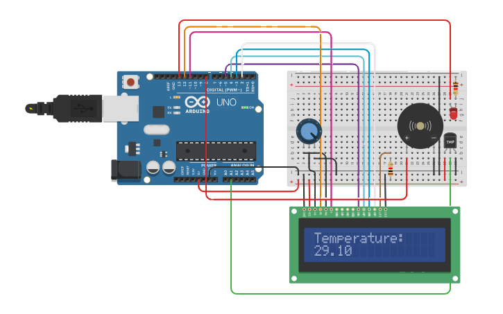 Circuit design temperature sensor + piezo - Tinkercad