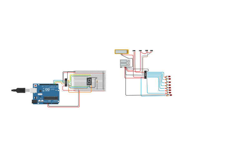 Circuit Design Schiebregister Mit 7 Sigment Anzeige Tinkercad