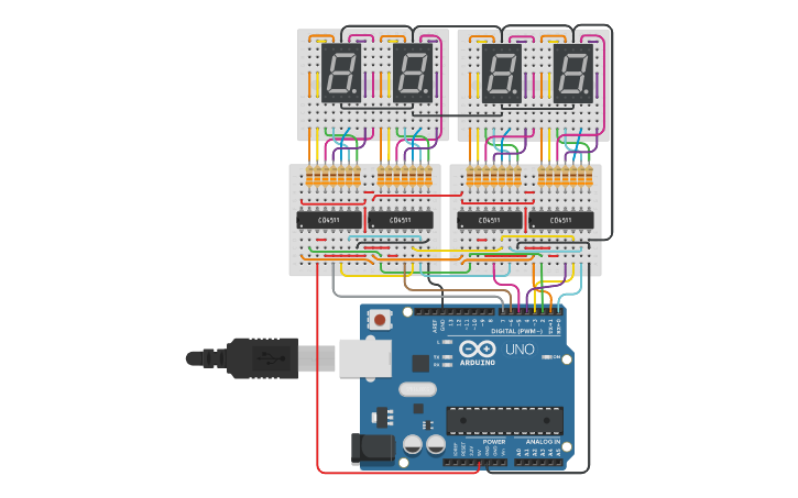 Circuit design Contador de 0 a 9999 com arduino e 4511 | Tinkercad