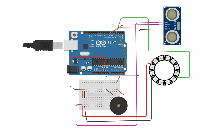 Circuit Design Distance Indicator And Alarming Tinkercad