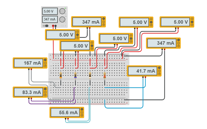 Circuit design Misure elettriche del circuito in parallelo Compito | Tinkercad
