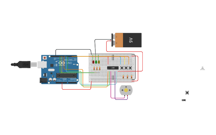 Circuit design motor pulsador y led - Tinkercad