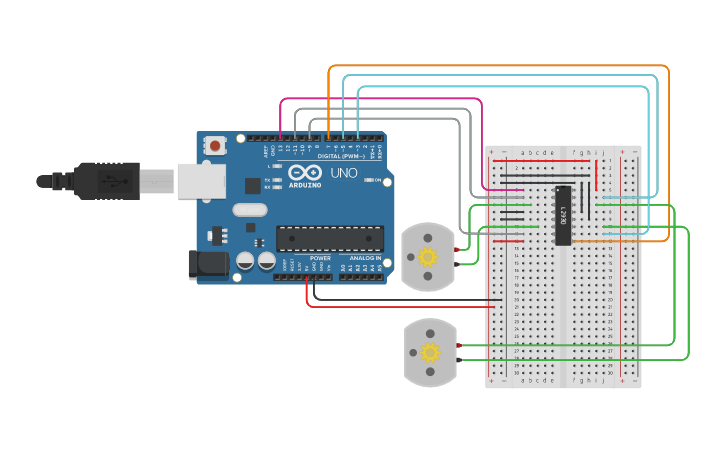 Circuit design Sentido horario y antihorario en 2 Motores DC - Tinkercad