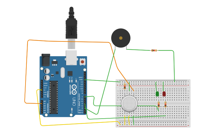 Circuit design Gas detect with LED and buzzer By :Kuljira_06 - Tinkercad