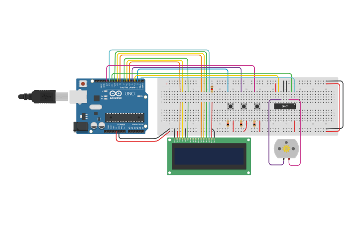 Circuit design Magang Heroes #3 - LCD, Motor, Push Button - Tinkercad