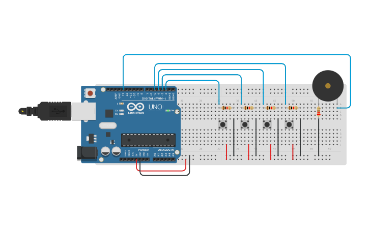 Circuit design 4 DIFFERENT TONES WITH 4 PUSH BUTTONS - Tinkercad