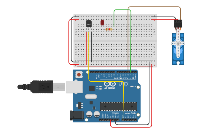 Circuit design Temperature Sensor With Servo | Tinkercad