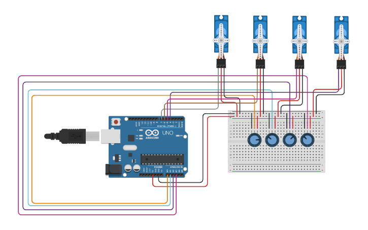 Circuit Design Controle De 4 Servomotores Tinkercad