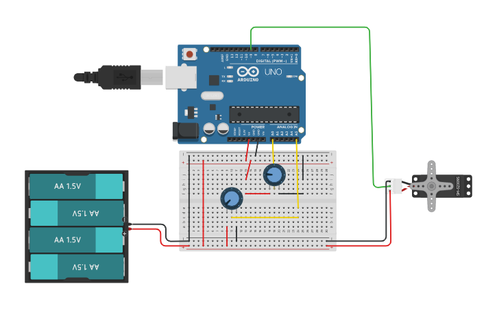 Circuit design Servo motor angle control with potential meter in parallel - Tinkercad