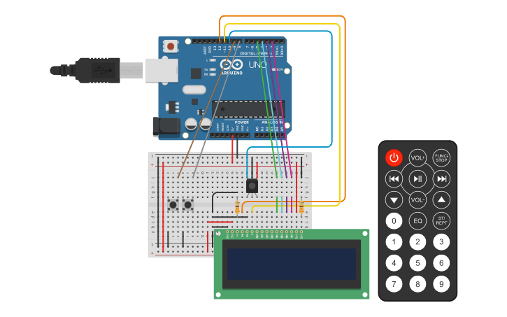 Circuit design LCD Display w/ IR Remote Control - Tinkercad