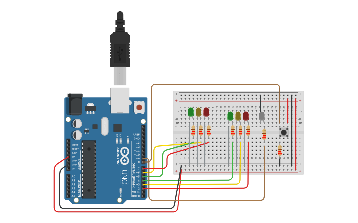 Circuit design circuito semaforo con pulsante - Tinkercad