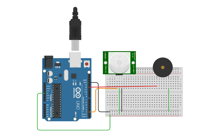 Circuit design 31/12/2020 PIR and LED and buzzer interface JoM - Tinkercad