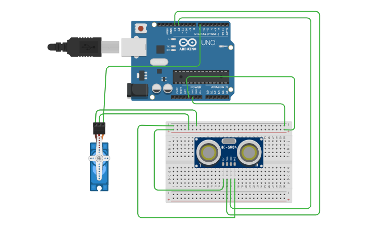 Circuit design Servo with Ultrasonic Sensor - Tinkercad