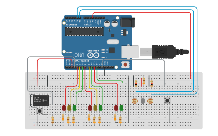 Circuit design Public copy of Traffic lights with safety relay. - Tinkercad